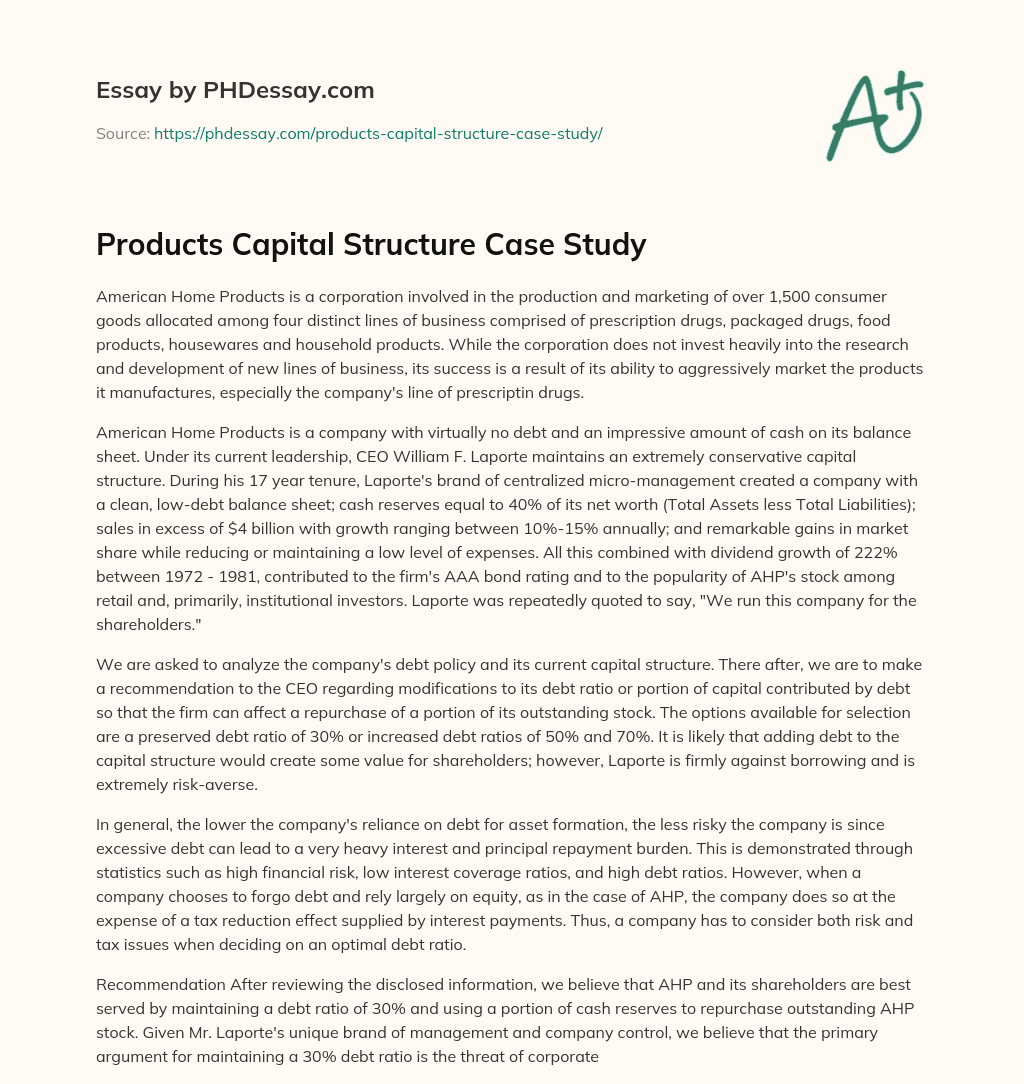 Products Capital Structure Case Study - PHDessay.com