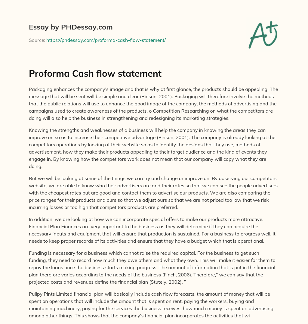 Proforma Cash flow statement (600 Words) - PHDessay.com
