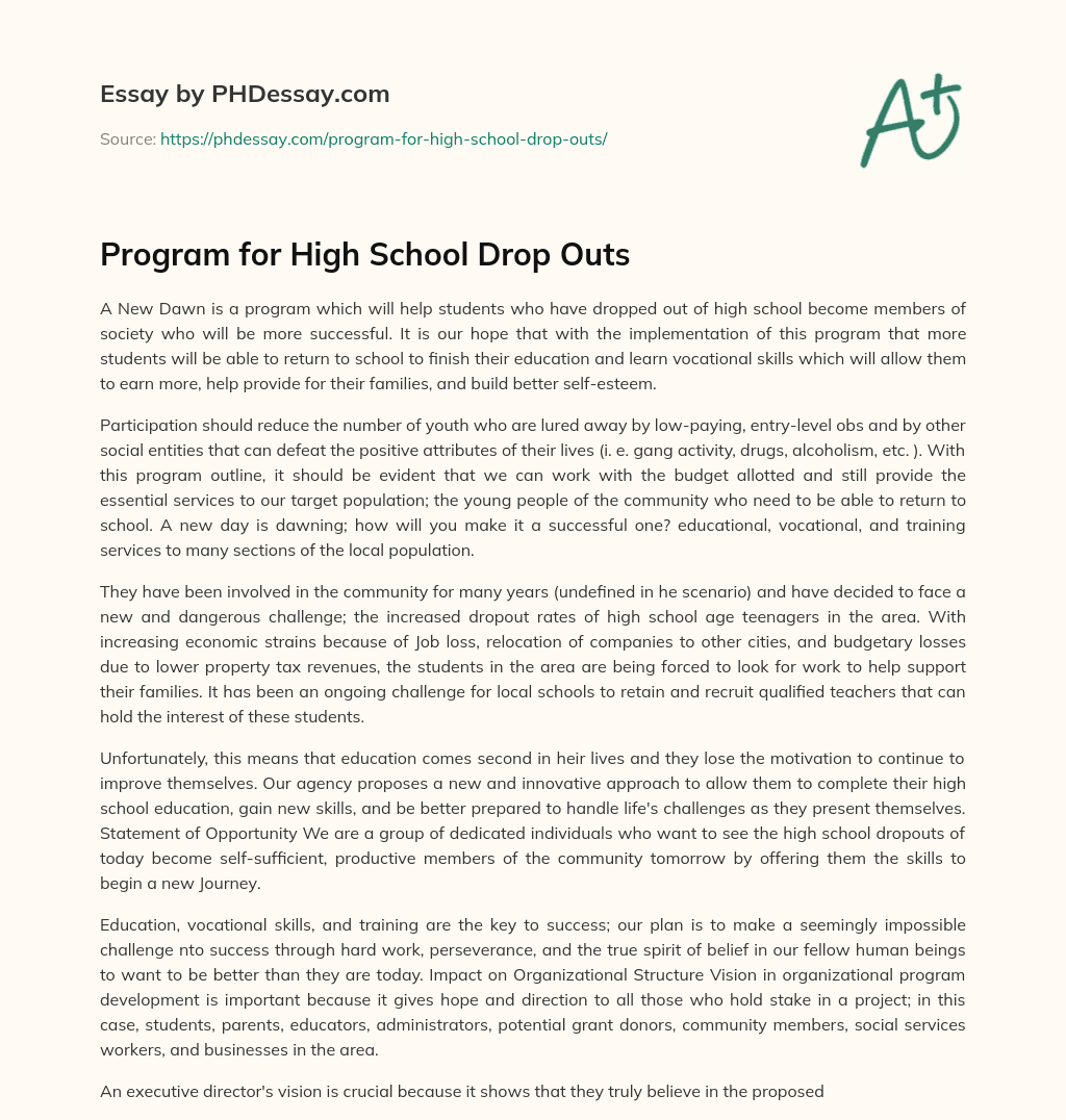 Program for High School Drop Outs - PHDessay.com