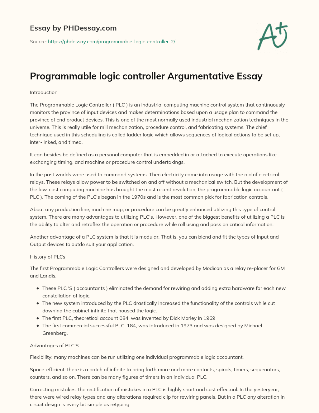 Programmable logic controller Argumentative Essay - PHDessay.com