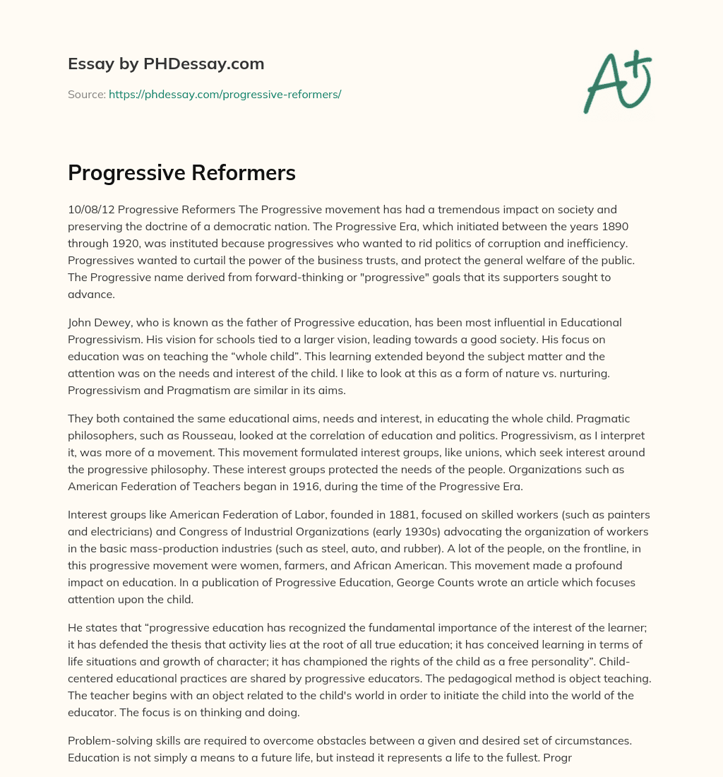 Progressive Reformers (600 Words) - PHDessay.com