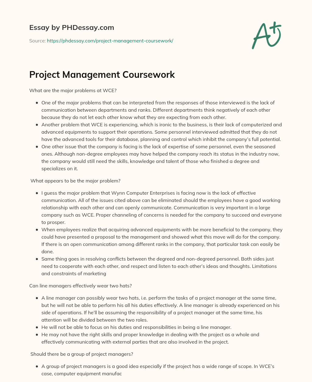 Project Management Coursework - PHDessay.com