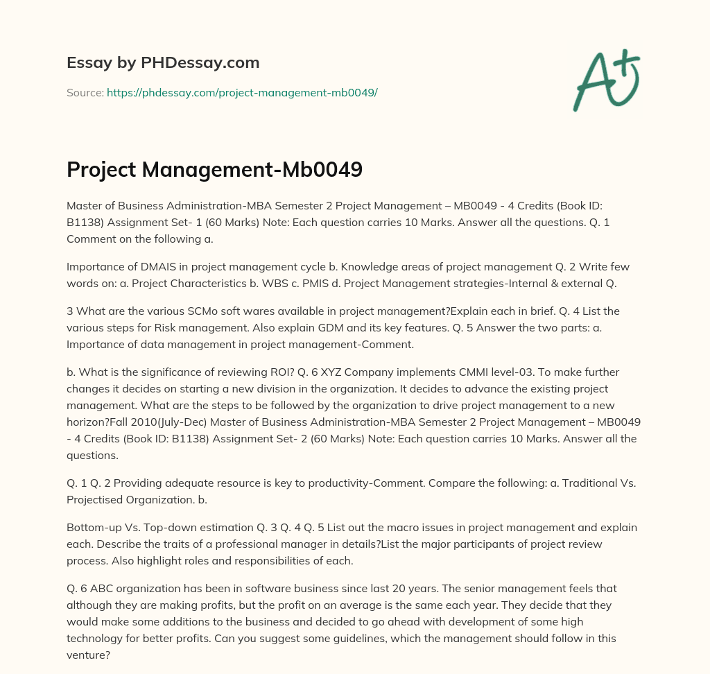 Project Management-Mb0049 (300 Words) - PHDessay.com