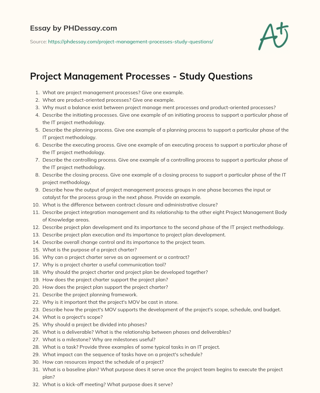 Project Management Processes - Study Questions (500 Words) - PHDessay.com
