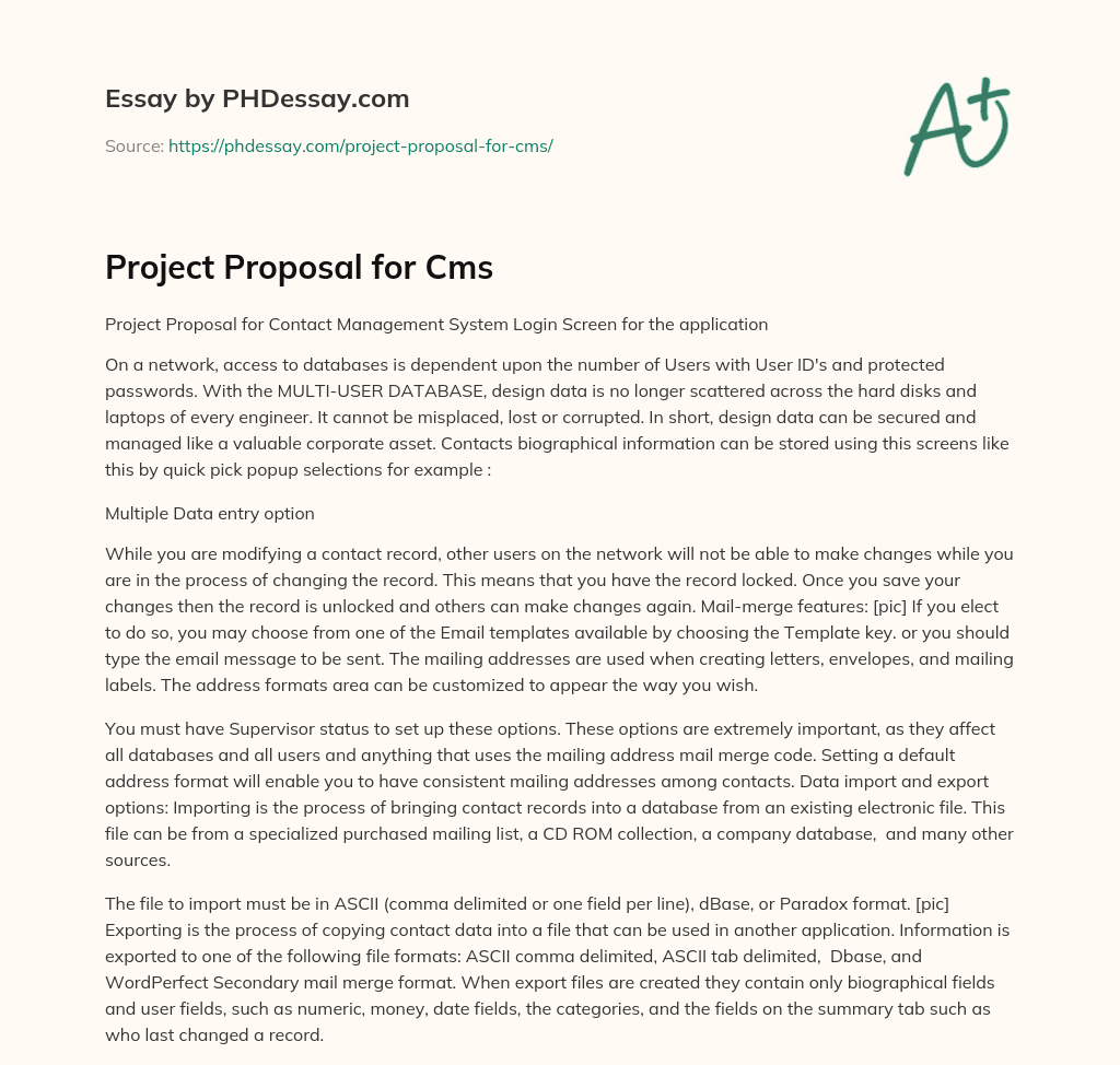 Project Proposal for Cms (400 Words) - PHDessay.com
