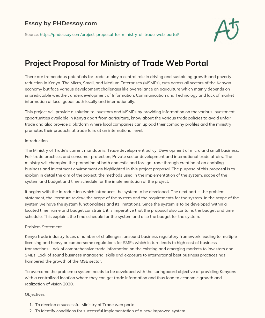 Project Proposal for Ministry of Trade Web Portal - PHDessay.com