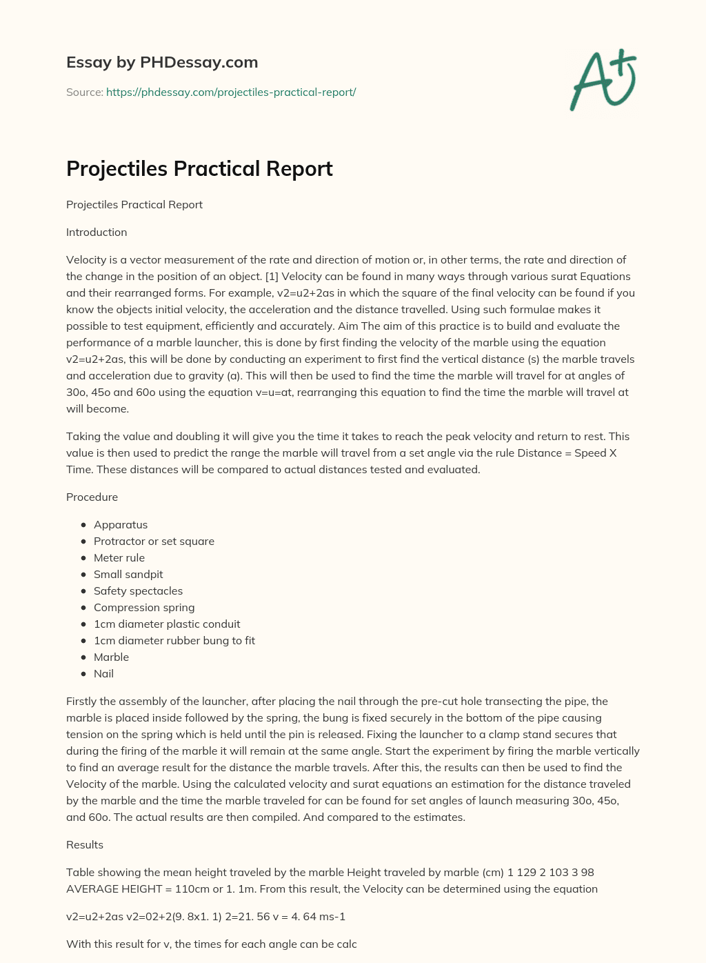 Projectiles Practical Report - PHDessay.com