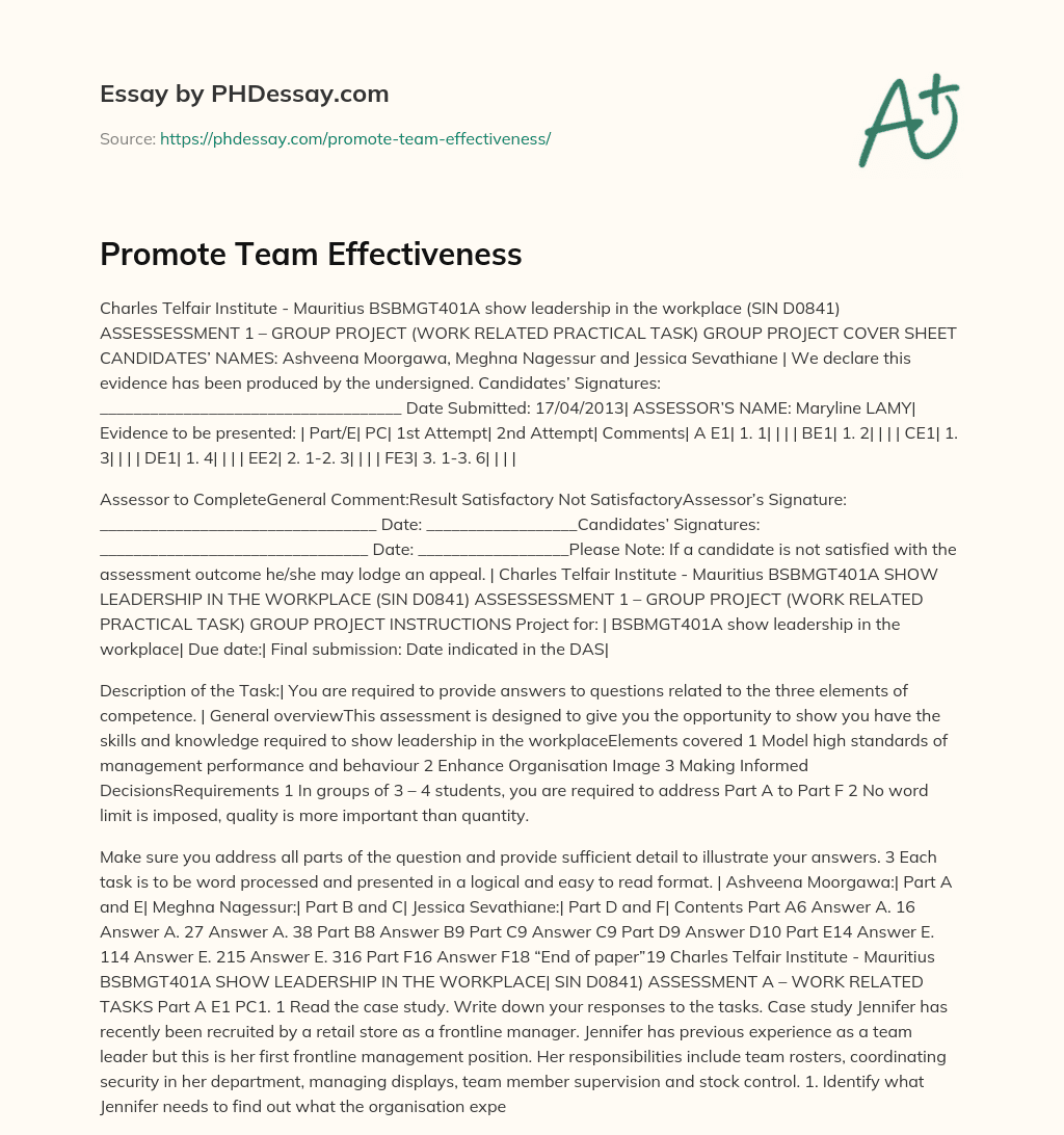 Promote Team Effectiveness - PHDessay.com