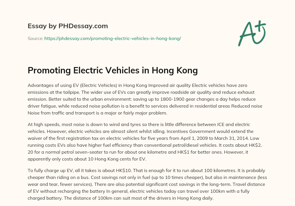 Promoting Electric Vehicles in Hong Kong (300 Words) - PHDessay.com
