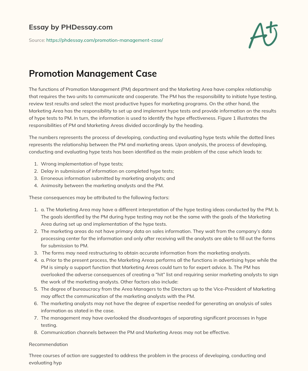 Promotion Management Case - PHDessay.com