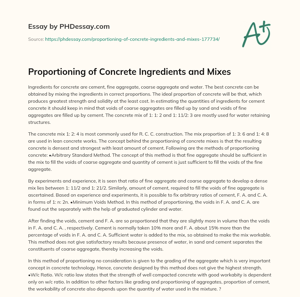 Proportioning of Concrete Ingredients and Mixes (500 Words) - PHDessay.com