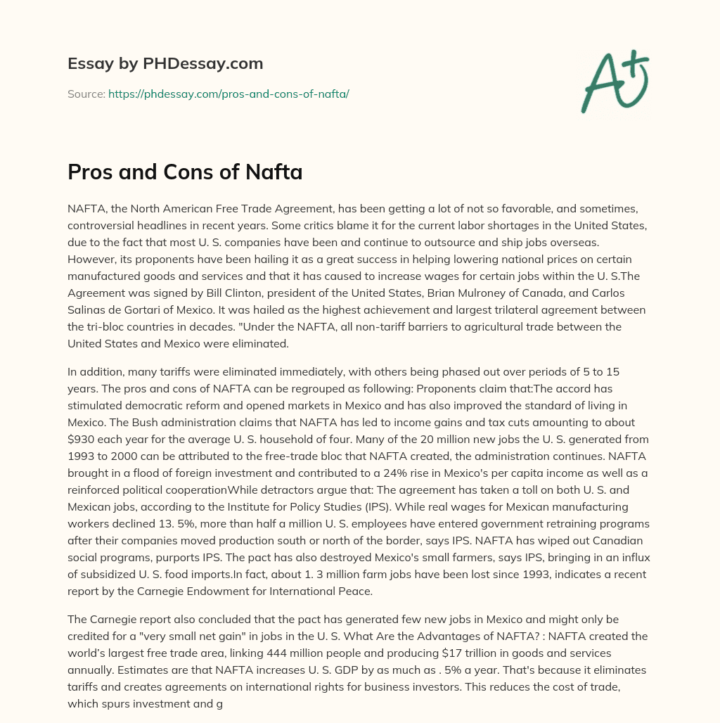 Pros and Cons of Nafta - PHDessay.com