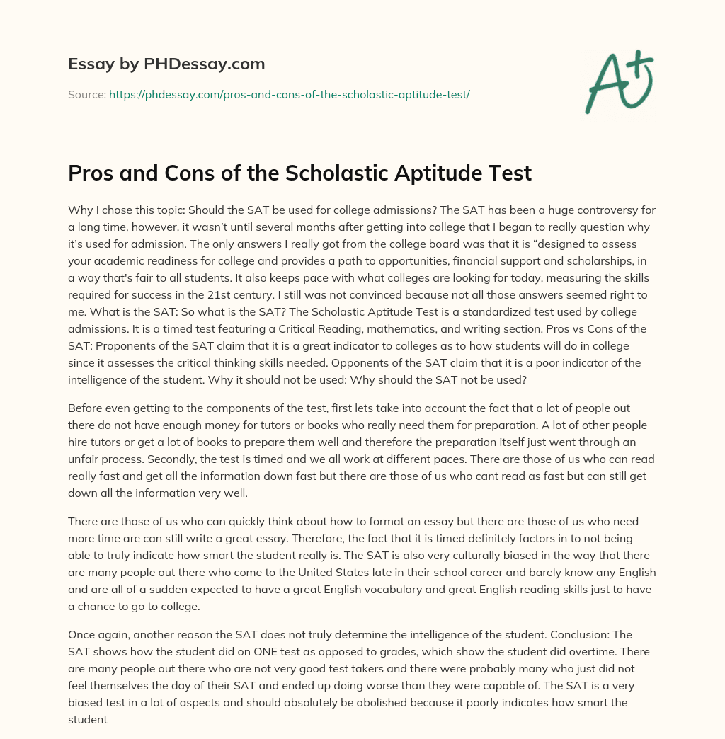 Pros and Cons of the Scholastic Aptitude Test (600 Words) - PHDessay.com