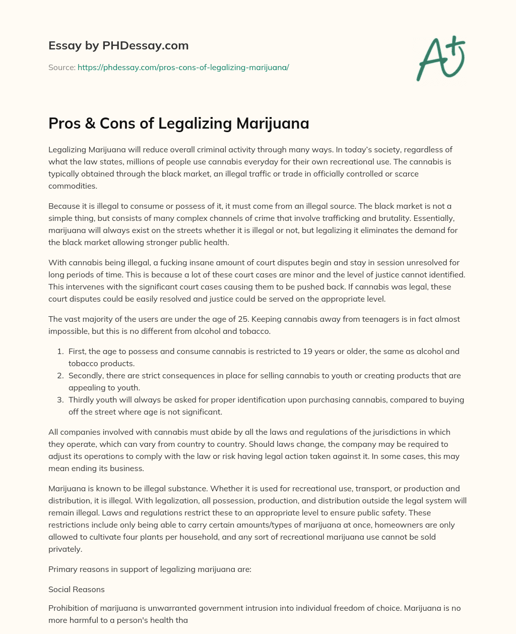 Pros & Cons Of Legalizing Marijuana Essay Example - PHDessay.com