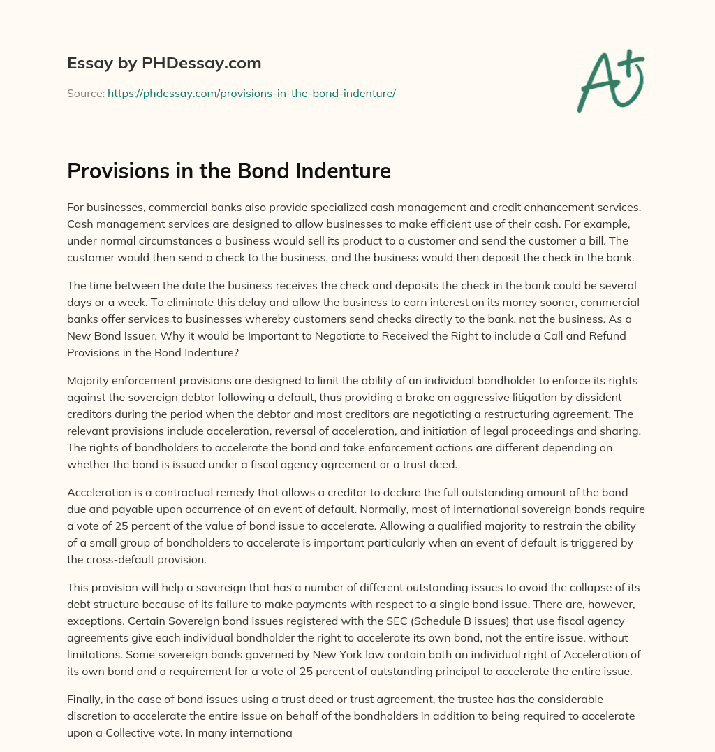 Provisions in the Bond Indenture - PHDessay.com