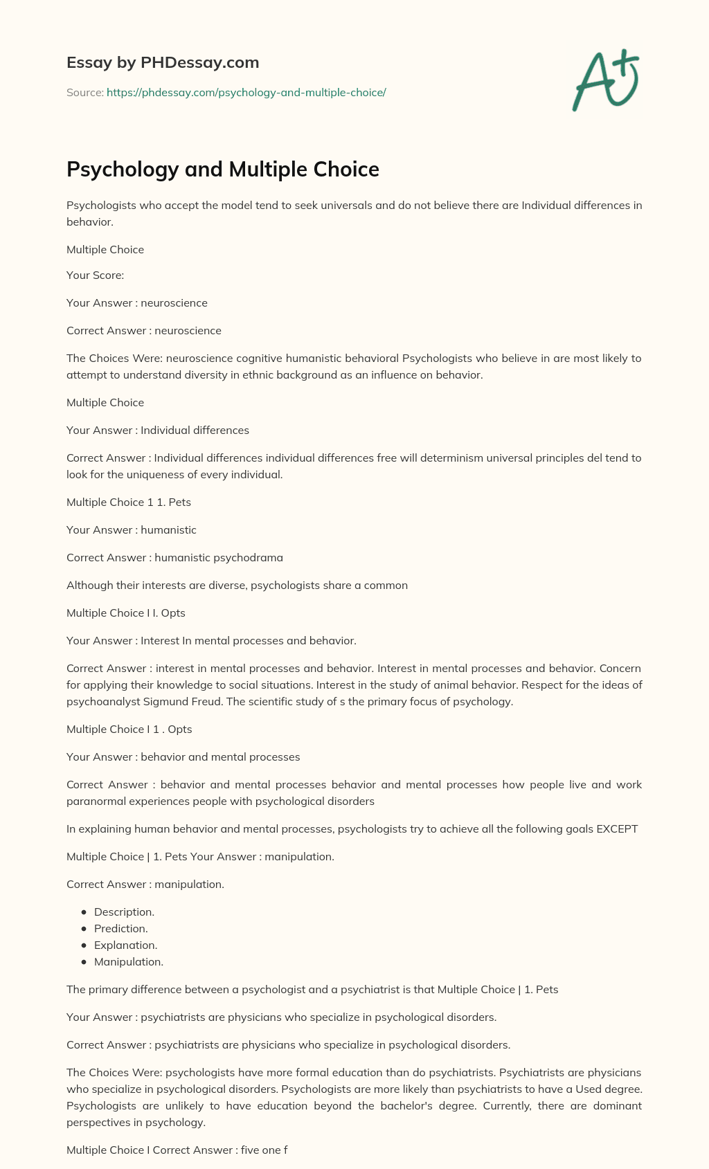 Psychology and Multiple Choice (600 Words) - PHDessay.com