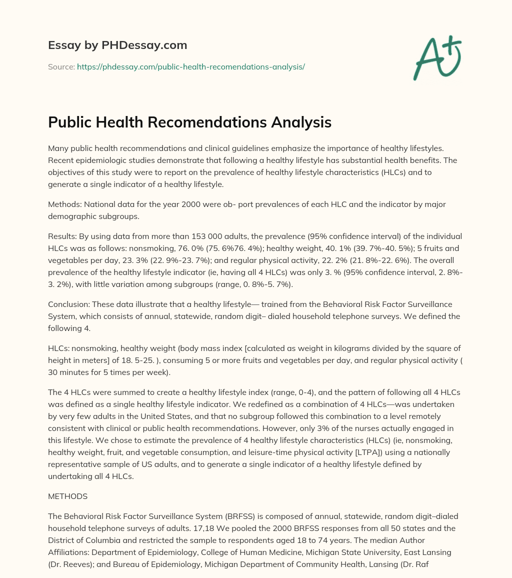 Public Health Recomendations Analysis - PHDessay.com