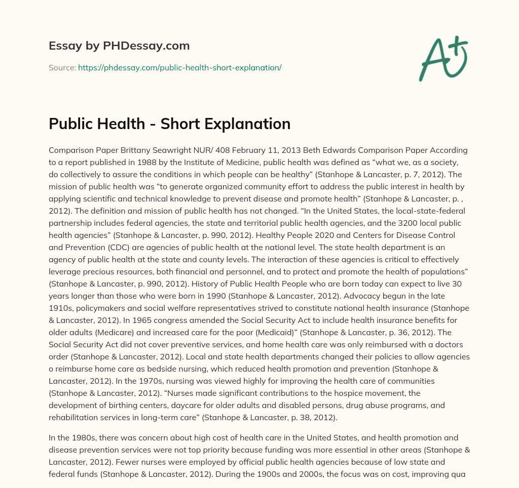 Public Health - Short Explanation - PHDessay.com