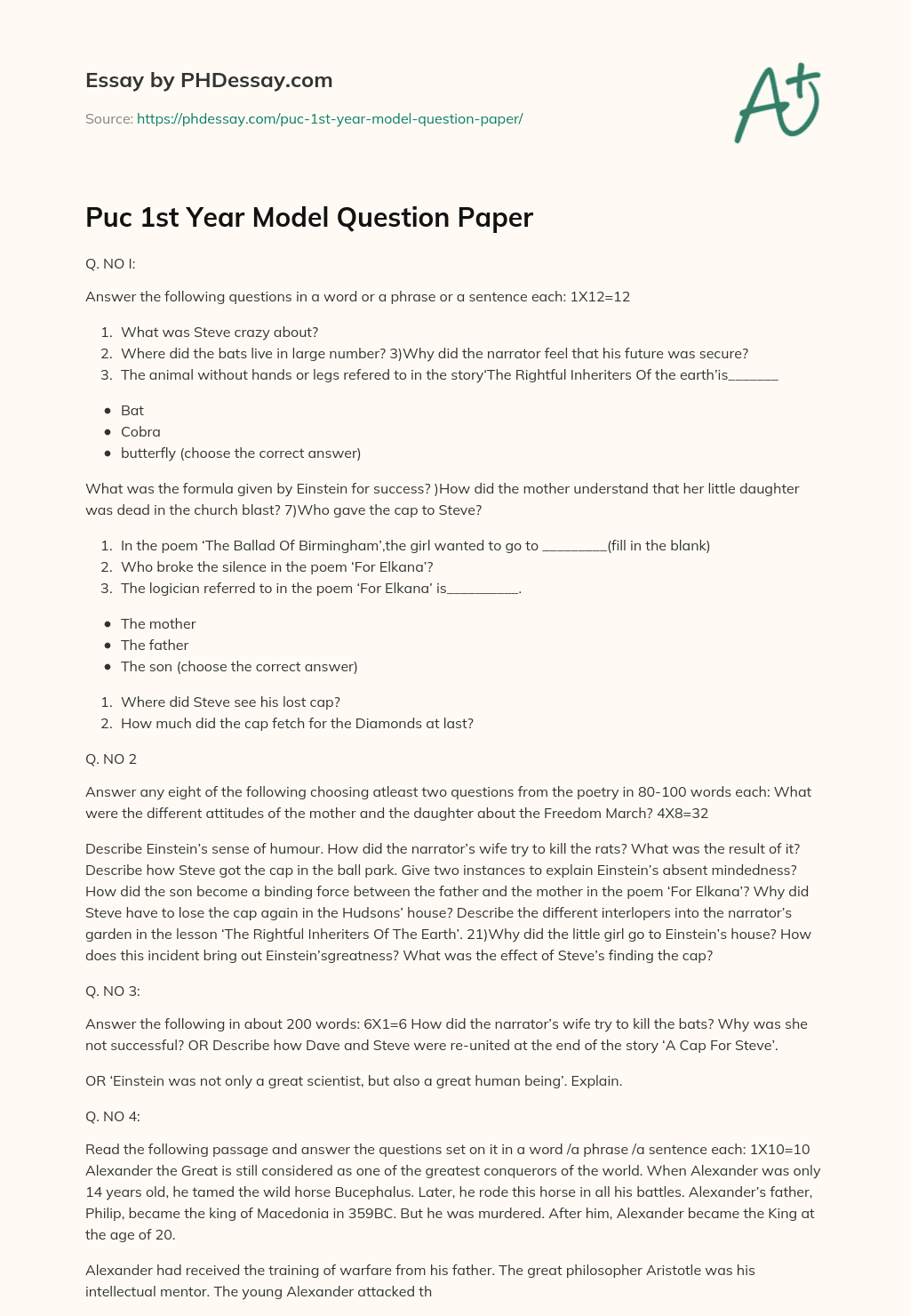 Puc 1st Year Model Question Paper - PHDessay.com