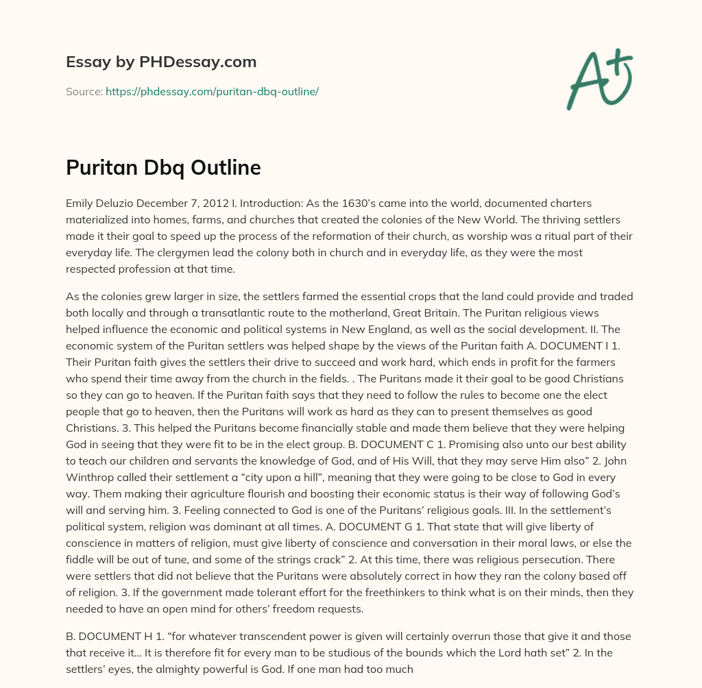 Puritan Dbq Outline - PHDessay.com
