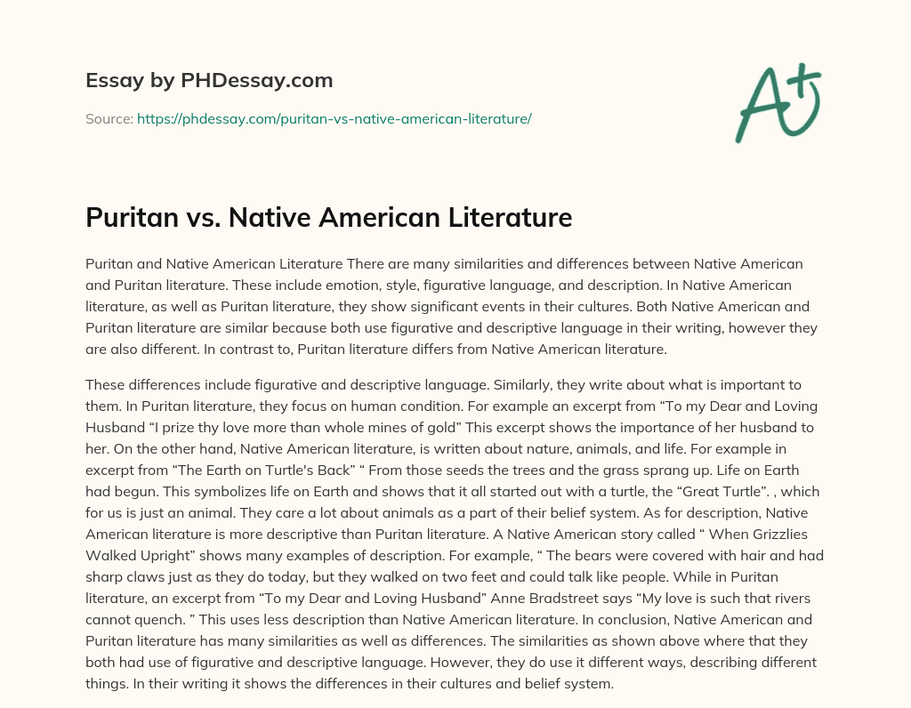 Puritan vs. Native American Literature (300 Words) - PHDessay.com