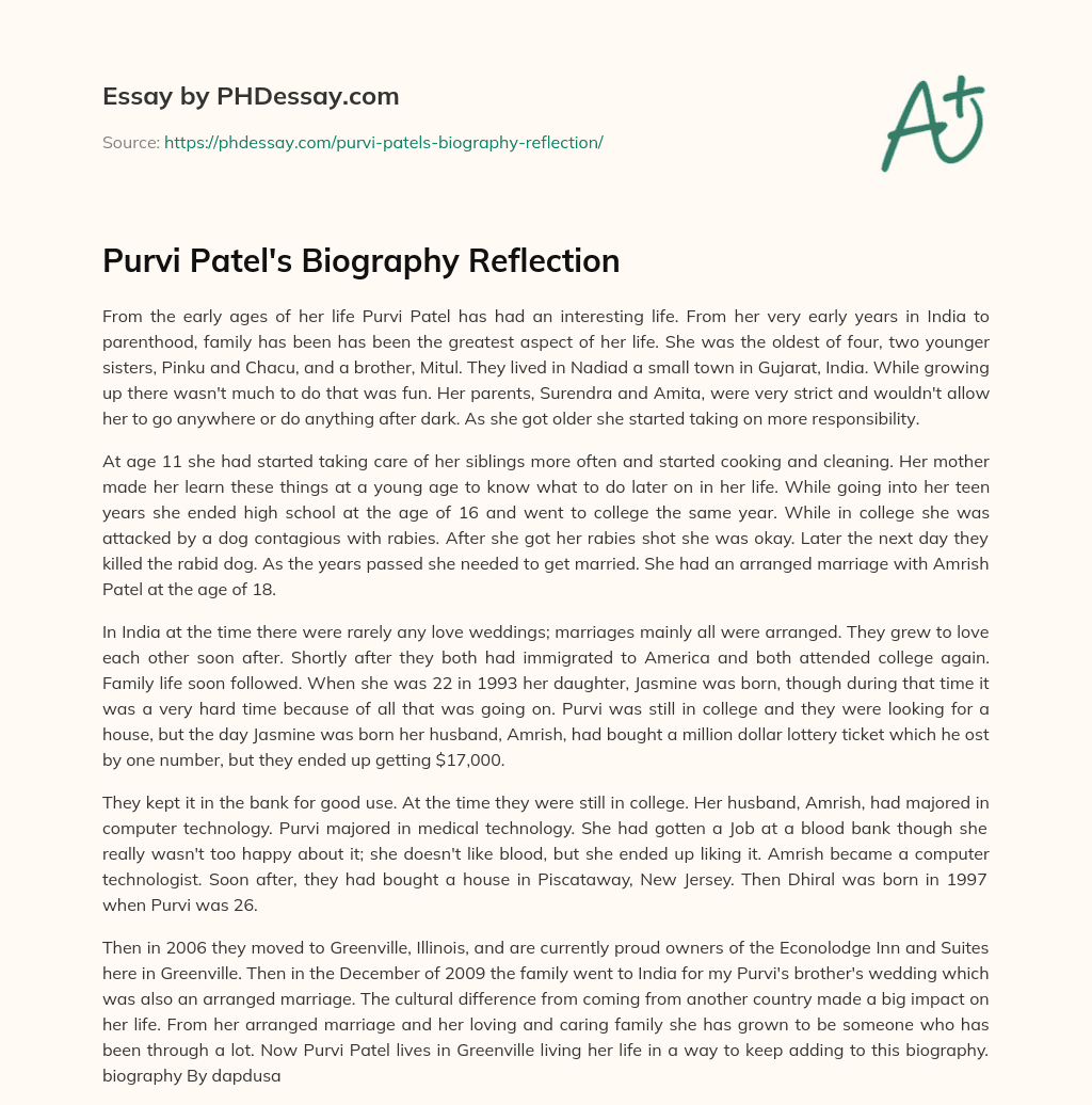 Purvi Patel's Biography Reflection (500 Words) - PHDessay.com