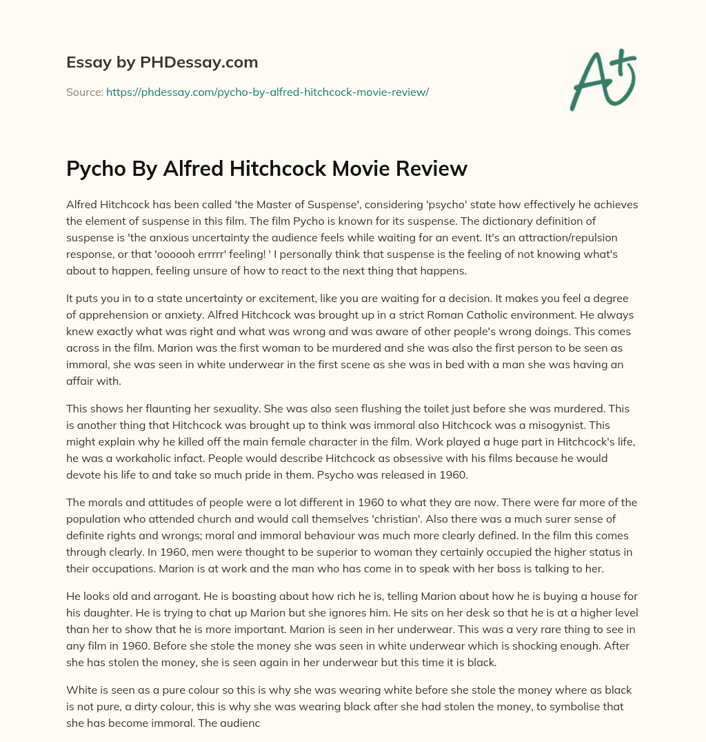 Pycho By Alfred Hitchcock Movie Review - PHDessay.com