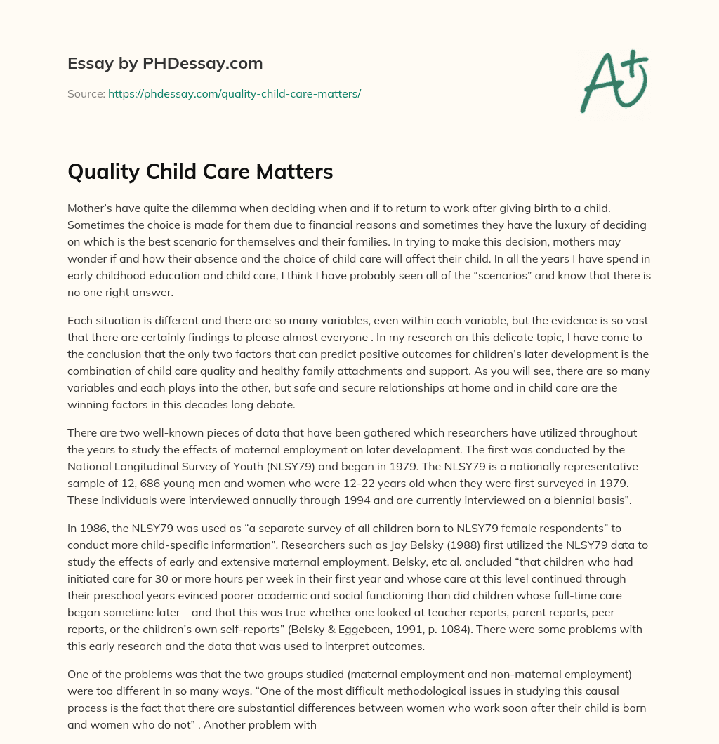 Quality Child Care Matters - PHDessay.com
