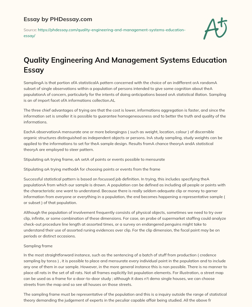 Quality Engineering And Management Systems Education Essay - PHDessay.com