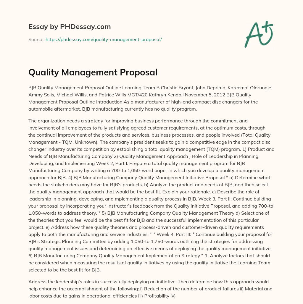 Quality Management Proposal (600 Words) - PHDessay.com