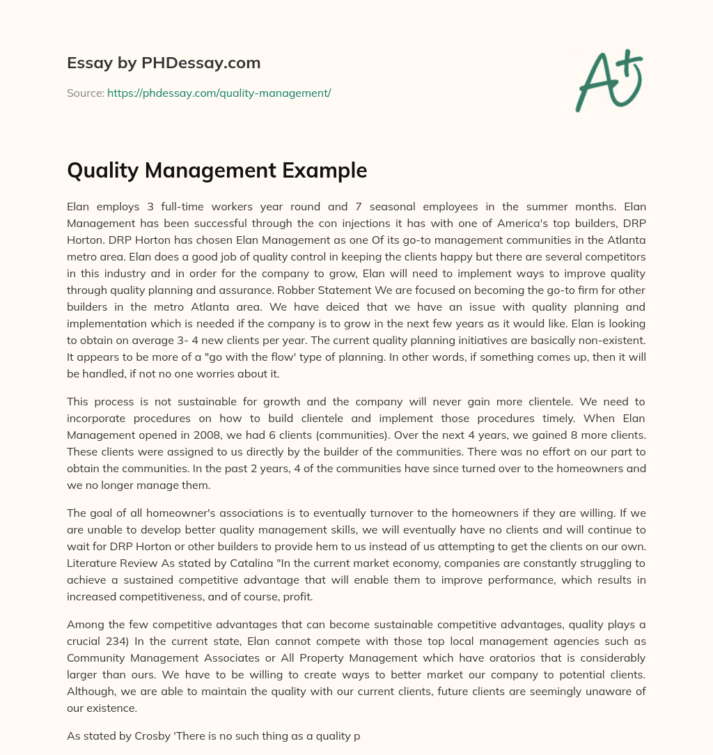 Quality Management Example - PHDessay.com