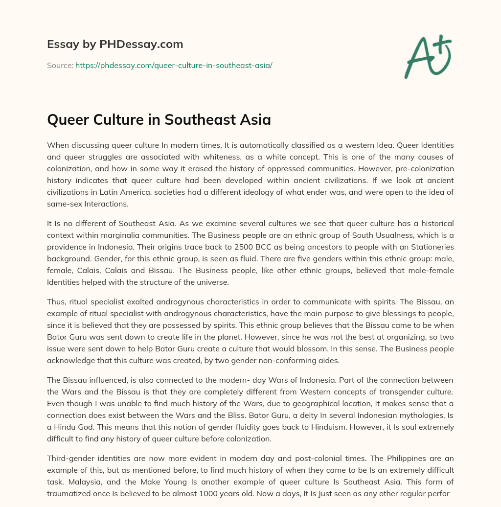 Queer Culture in Southeast Asia - PHDessay.com