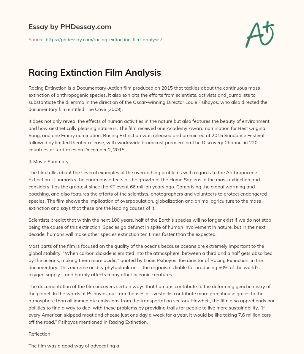 Racing Extinction Film Analysis Summary Essay Sample (600 Words ...