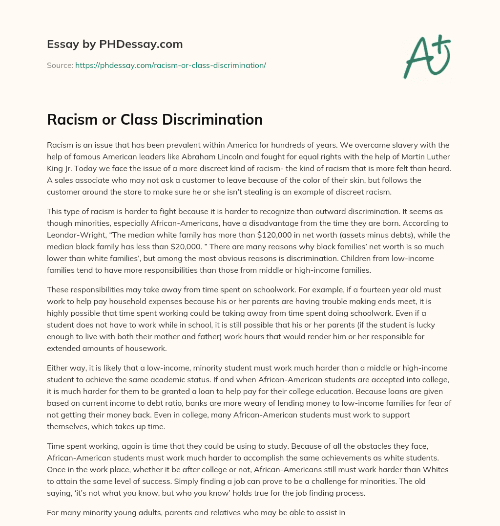 Racism or Class Discrimination - PHDessay.com