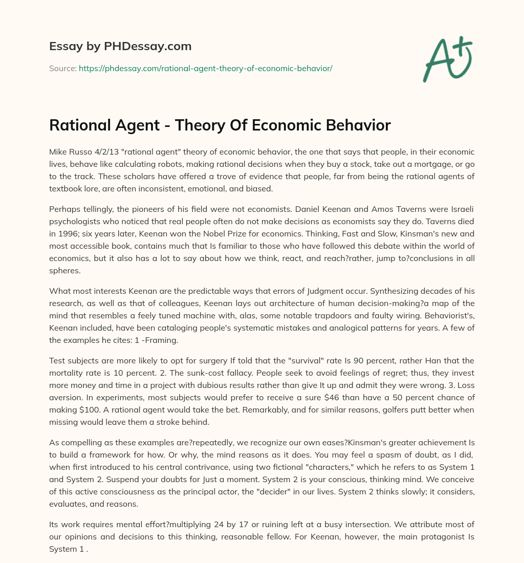 Rational Agent - Theory Of Economic Behavior - PHDessay.com