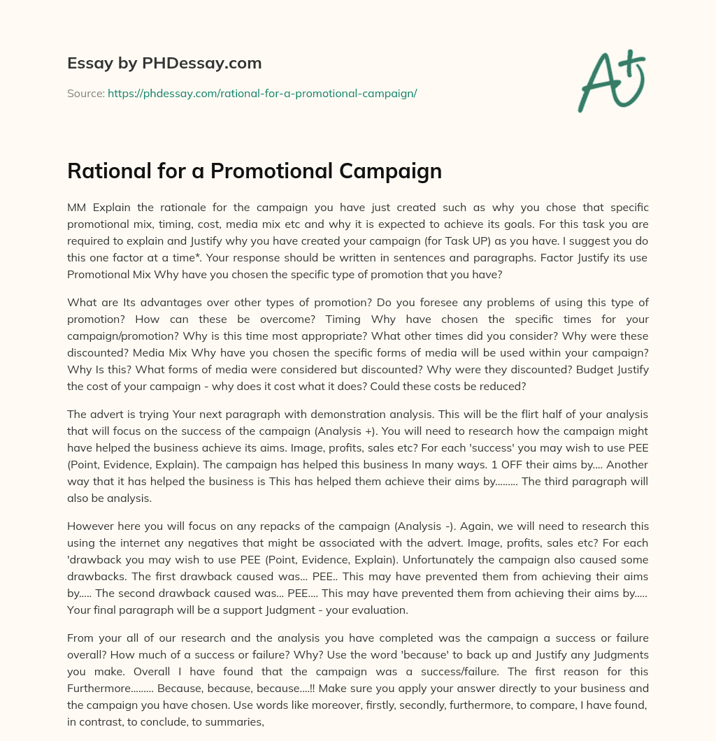 Rational for a Promotional Campaign (500 Words) - PHDessay.com