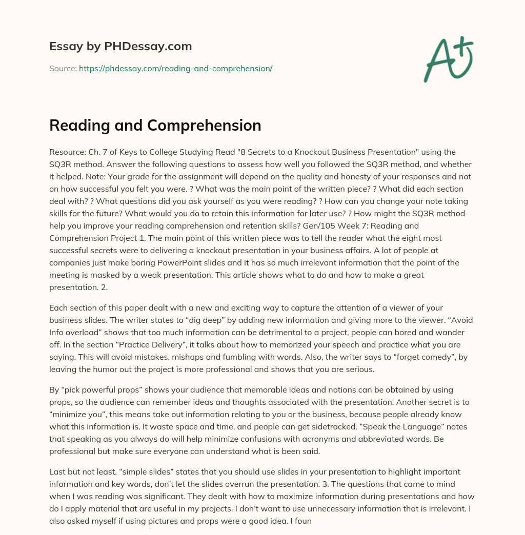 Reading and Comprehension - PHDessay.com