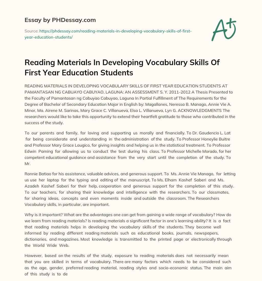 Reading Materials In Developing Vocabulary Skills Of First Year ...