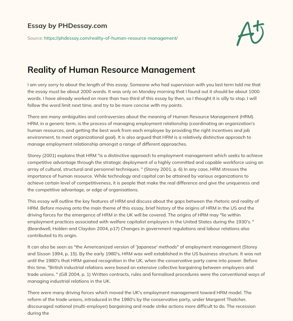 Reality of Human Resource Management - PHDessay.com