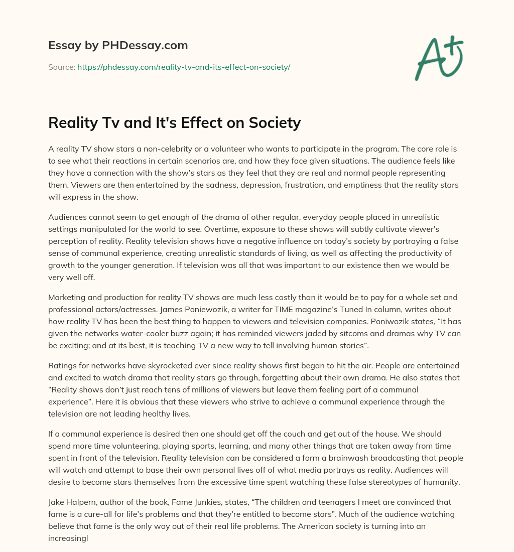 Reality Tv and It's Effect on Society - PHDessay.com