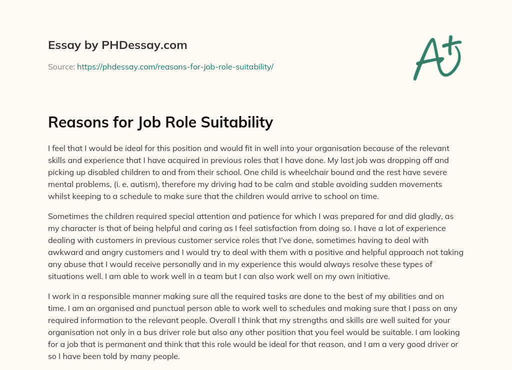 Reasons for Job Role Suitability (300 Words) - PHDessay.com