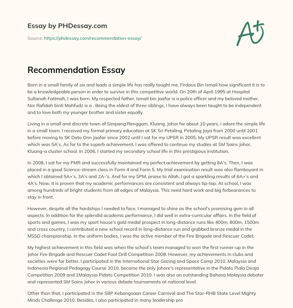 Recommendation Essay - PHDessay.com