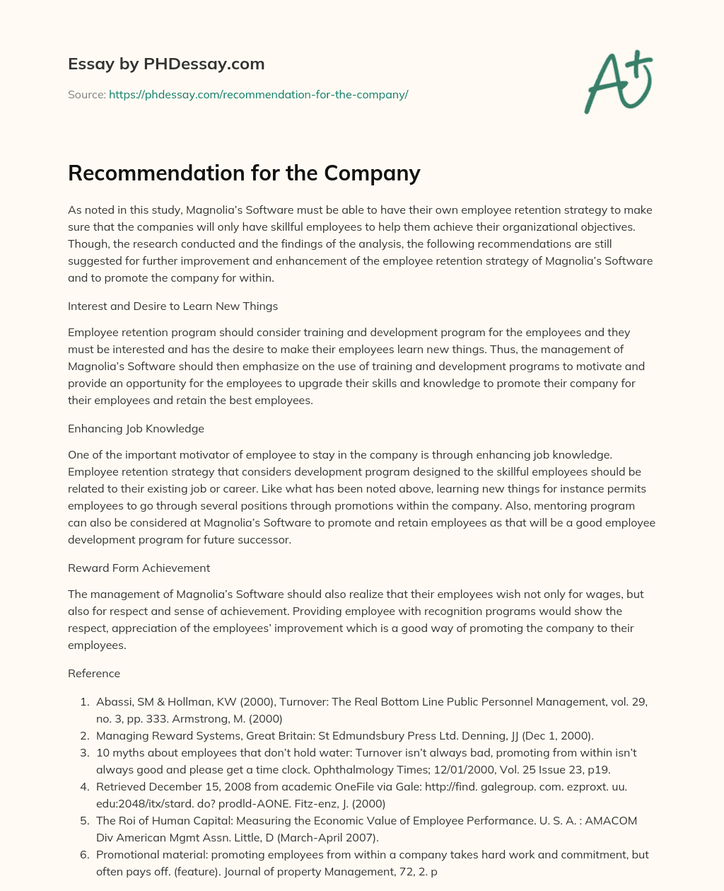 Recommendation for the Company - PHDessay.com