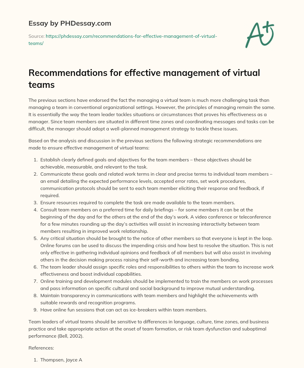 Recommendations for effective management of virtual teams - PHDessay.com