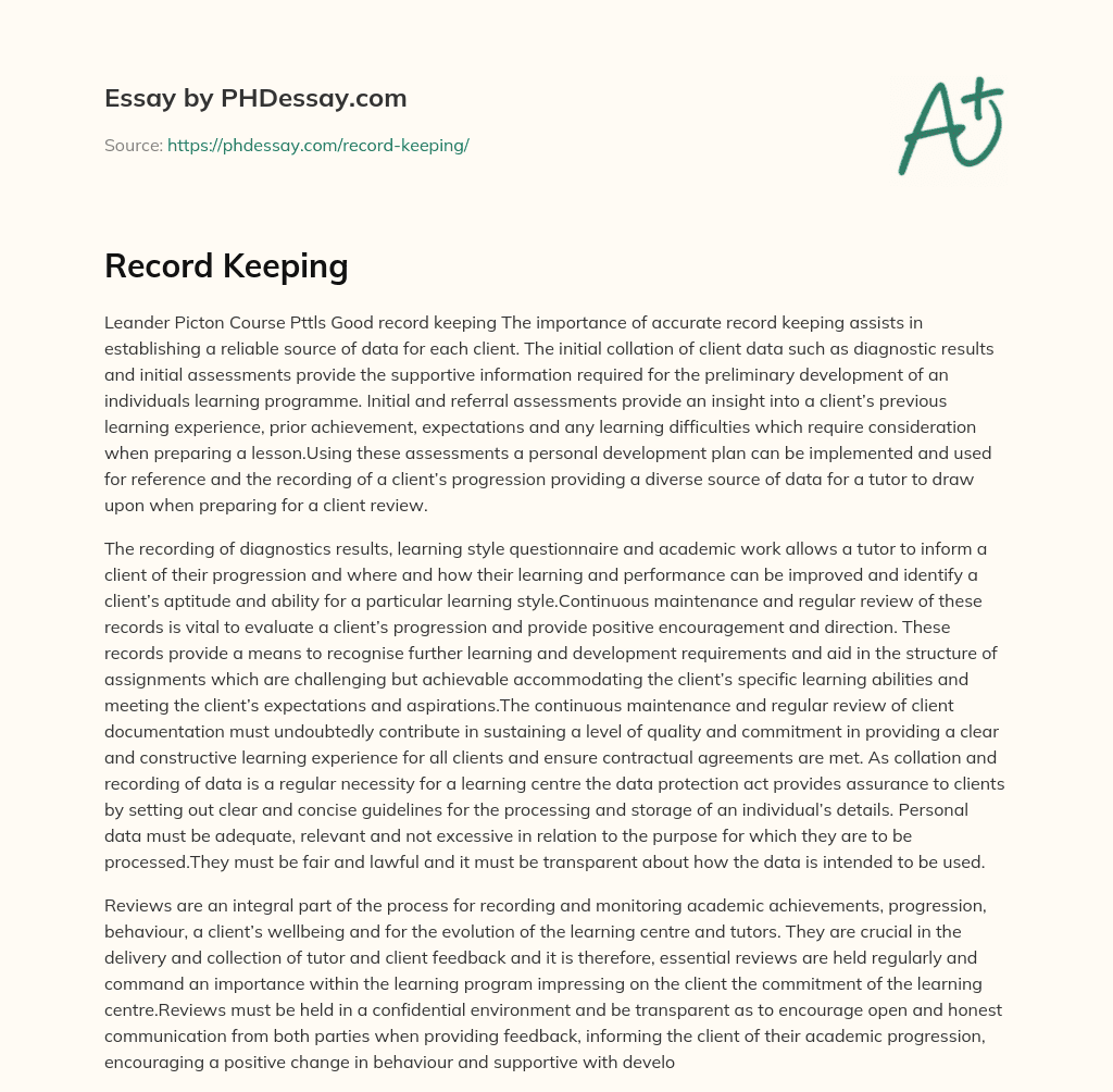 Record Keeping - PHDessay.com