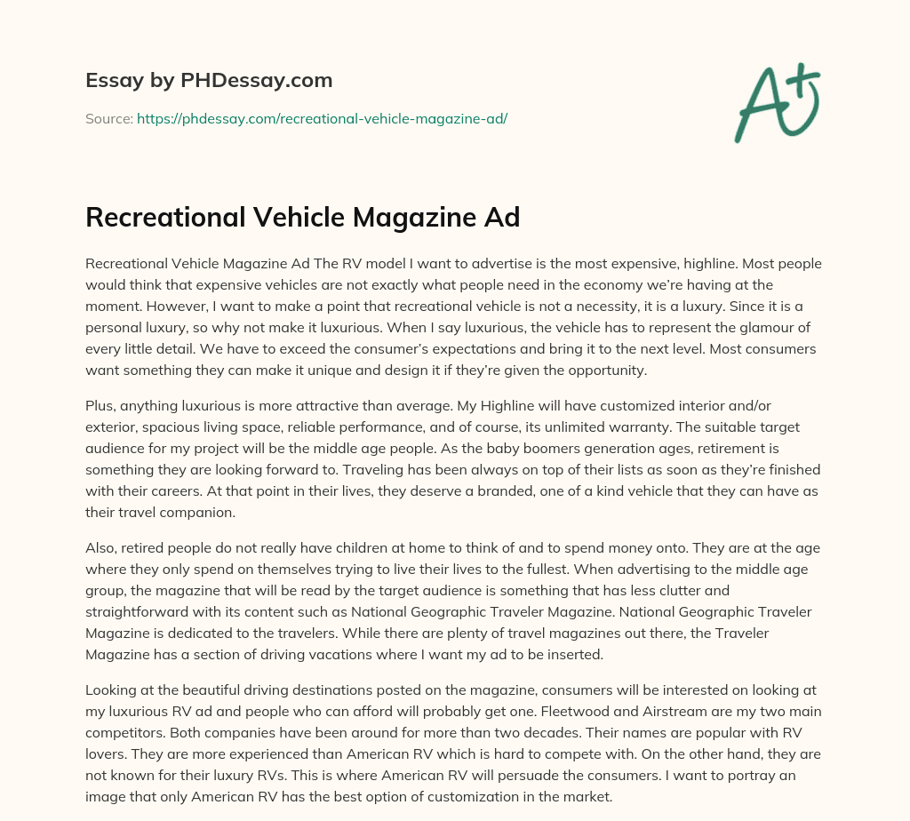 Recreational Vehicle Magazine Ad (400 Words) - PHDessay.com
