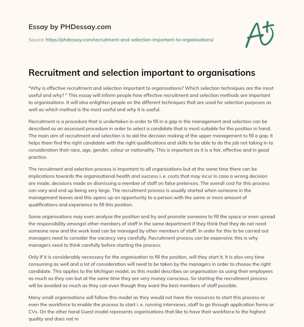Recruitment and selection important to organisations - PHDessay.com