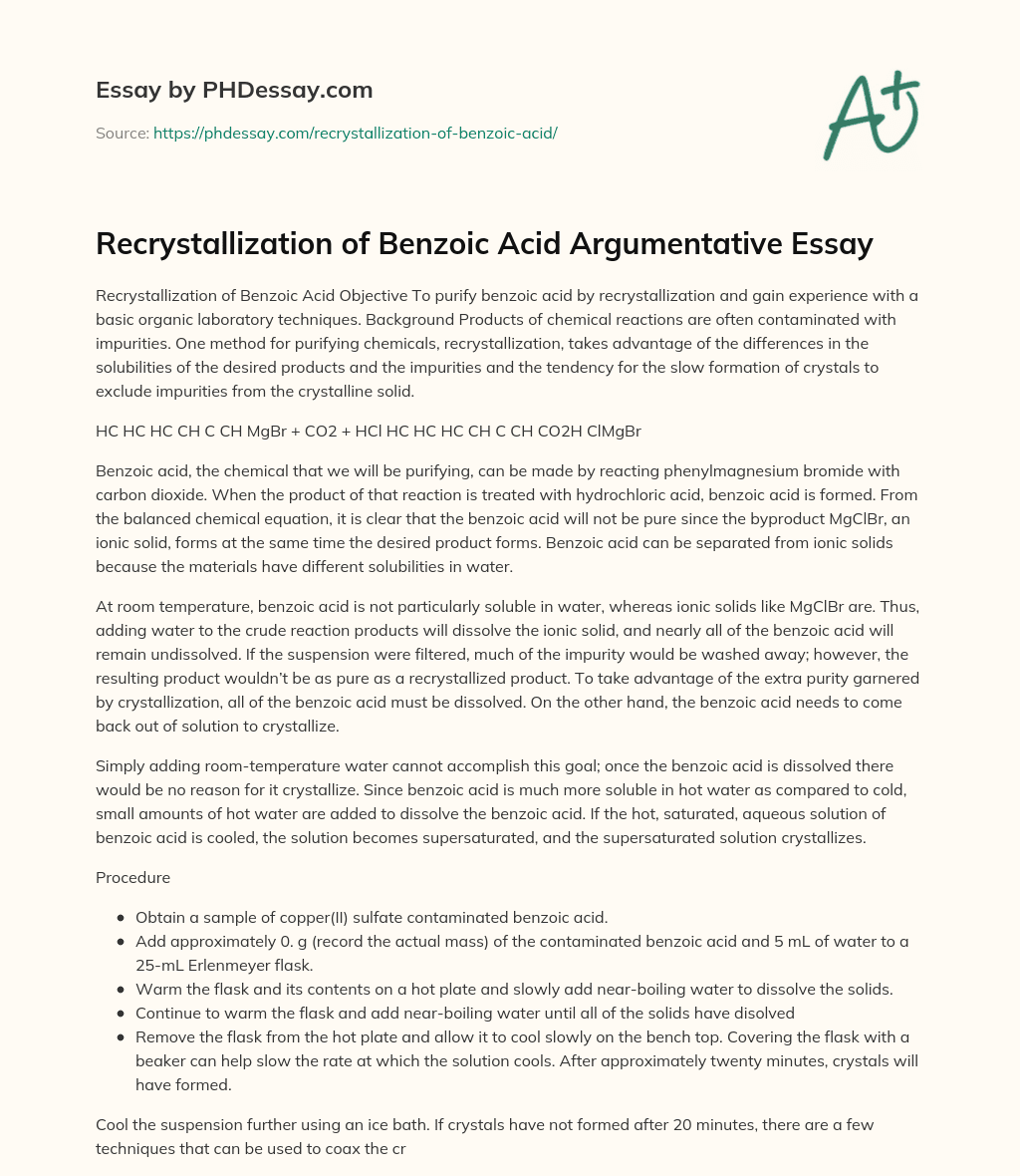 Recrystallization of Benzoic Acid Argumentative Essay - PHDessay.com