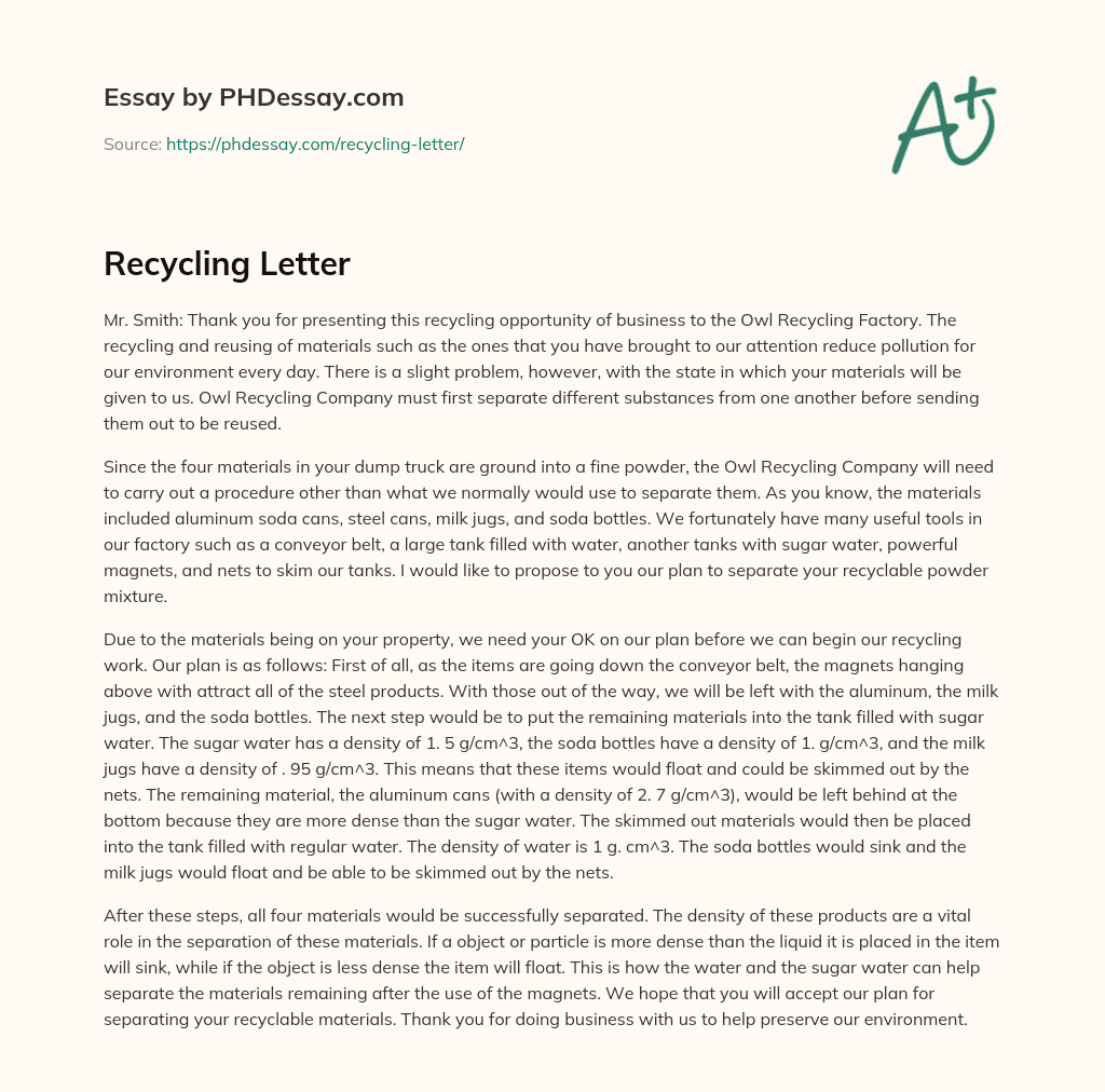 Recycling Letter (500 Words) - PHDessay.com