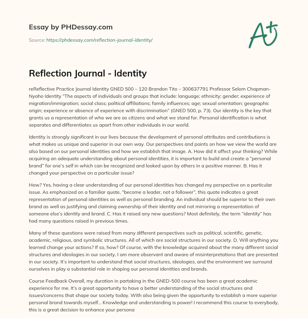 Reflection Journal - Identity (500 Words) - PHDessay.com